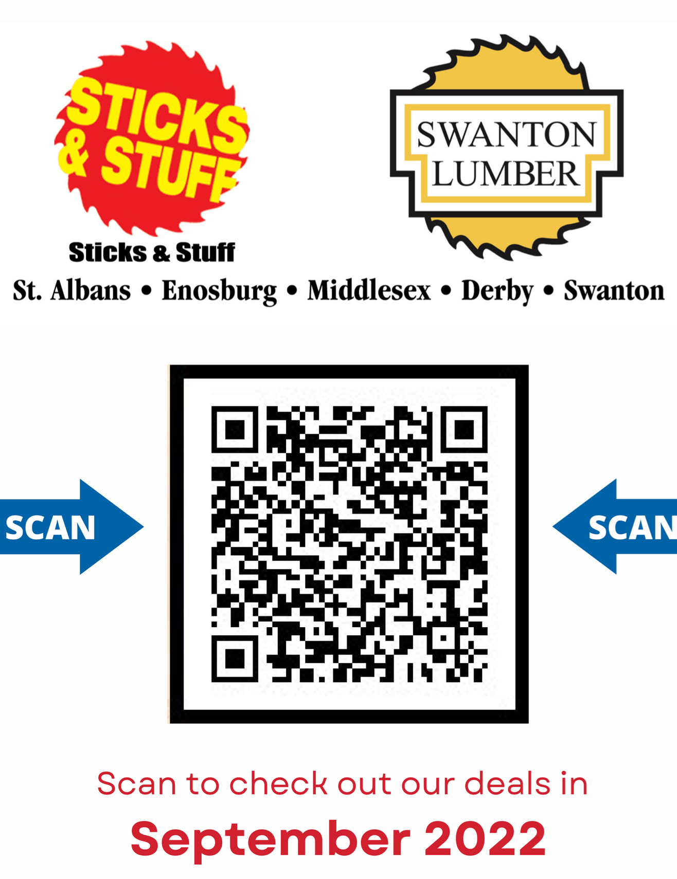 September 2022 Sale Flyer QR Code | Sticks & Stuff and Swanton Lumber